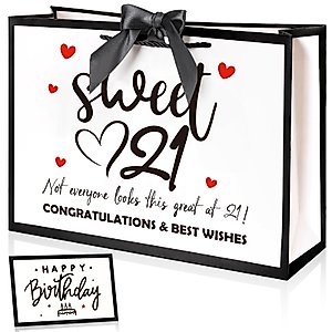 21th Birthday Gift Bag for Decorations with Card, Happy Birthday Gift & Decoration Gift Wrap for Anniversary Party Women Girl Her, 300 FL OZ