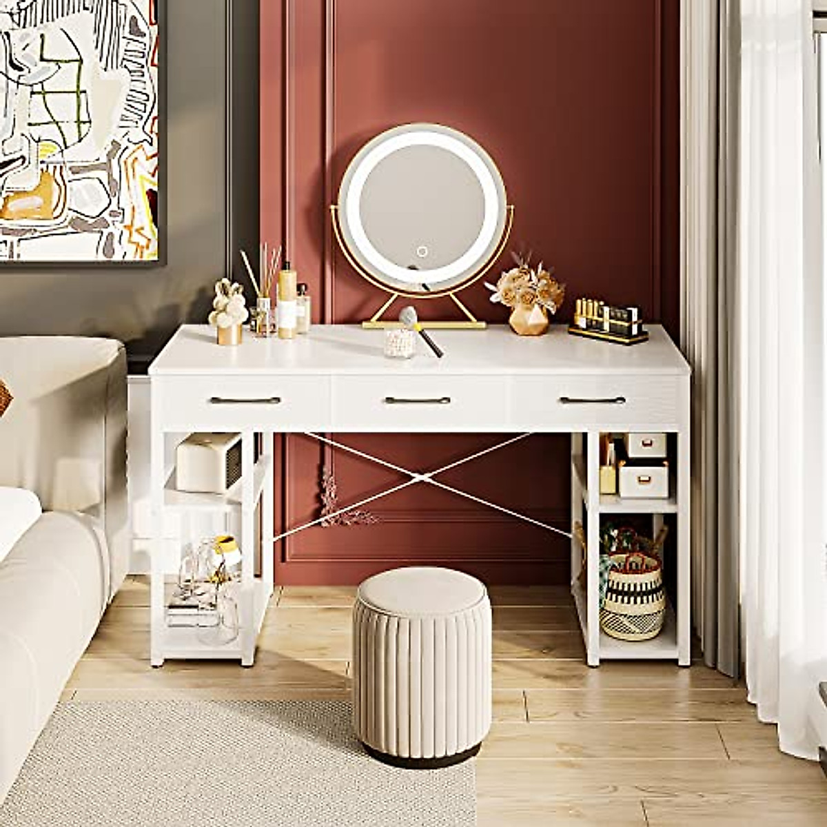 ODK Office Small Computer Desk: Home Table with Fabric Drawers & Storage Shelves, Modern Writing Desk, White, 48"x16"