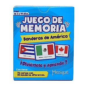 Menique, Flags of The Americas, Memory Matching Game in Spanish, for Kids and Adults, 70 Tiles. Juego de Memoria de Banderas de America