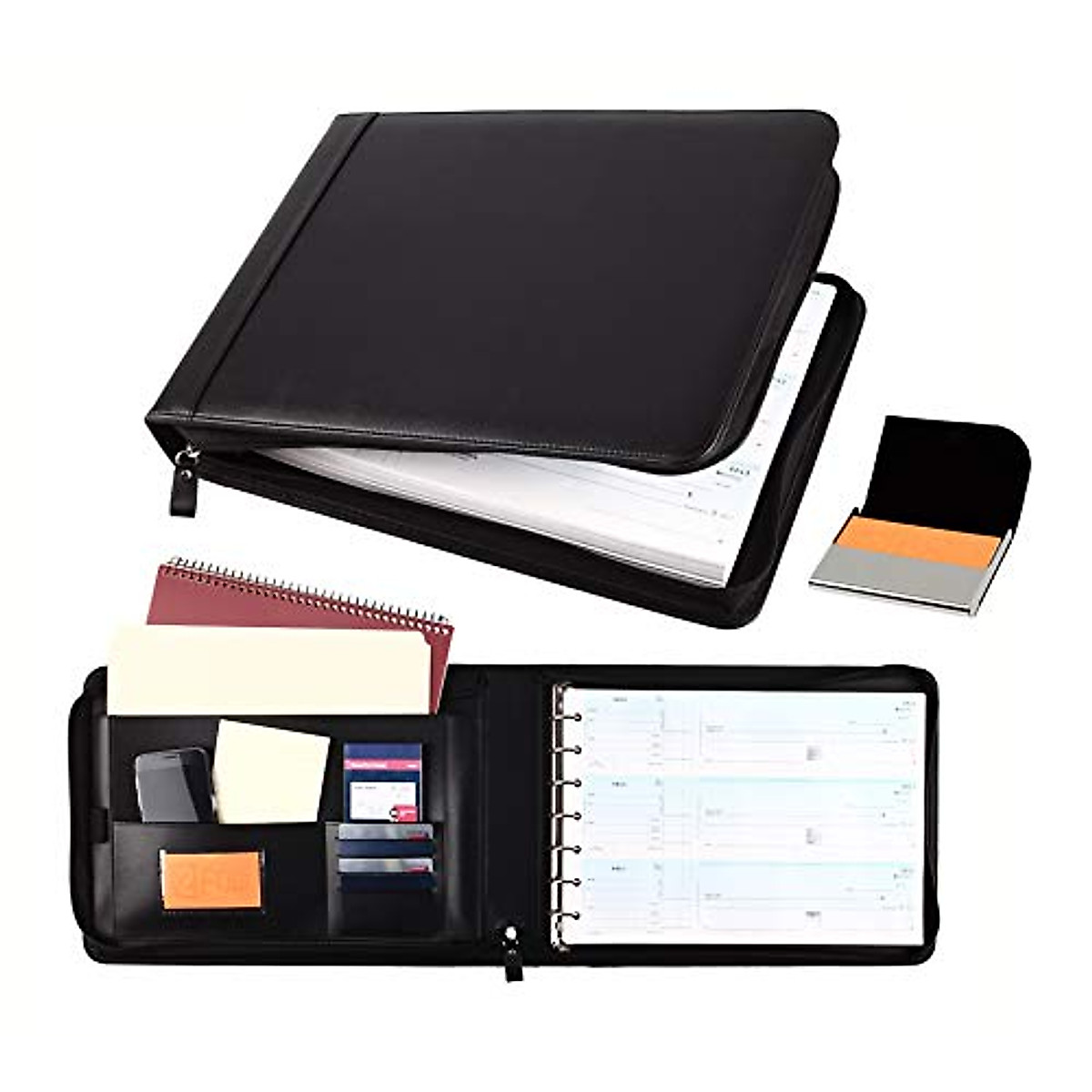 2Fold Zippered Business Check Binder 7 Ring for 3-Up Business Size Checks with Extra Business Card Case - PU Leather Deluxe 7 Ring Checkbook Binder Portfolio with 600 Check Capacity and Storage