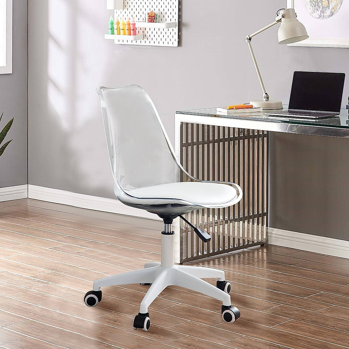 BAOPIN Home Office Desk Chair, Modern Computer Chair with Adjustable Height, Armless Acrylic Rolling Clear Chair with Wheels for Bedroom, Classroom, and Vanity Room (Clear)