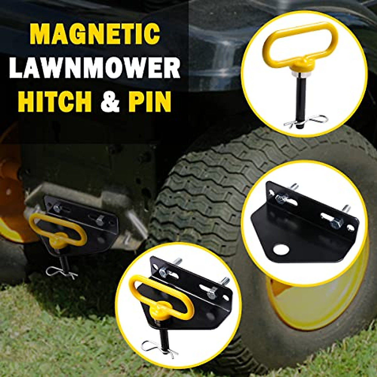 EilxMag Towing Hitch Set, Universal Heavy Duty Zero Turn Mower Trailer Hitch & Strong Neodymium Magnetic Lawn Mower Trailer Hitch Pin with 2 Bolts -1/2'' R-Clip (Combo Pack,Yellow＋Black)