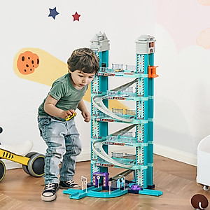 Qaba City Garage Playset with 98 Pieces Accessories Set, 6-Level Car Parking Playsets Toy with Manual and Electric Elevators Wash, Gas, Ejector & Car Repair Station, Gifts for Kids Ages 3-6 Years Old