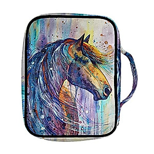 Suobstales Watercolor Horse Print Bible Cover for Women Men Bible Case Bible Bags Study Book Cover with Handle and Pocket Carrying Bible Holder Church Tote Bags
