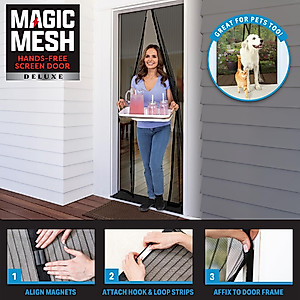 Magic Mesh Deluxe- Black- Hands Free Magnetic Screen Door, Mesh Curtain Keeps Bugs Out, Frame Hook & Loop, Hands Free, Pet & Kid Friendly- Fits Doors up to 39 x 83 Inches
