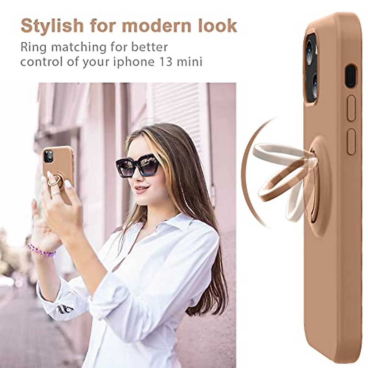 MOCCA Compatible with iPhone 13 Mini Case with Ring Kickstand |Liquid Silicone| Microfiber Linner | Anti-Scratch Full-Body Shockproof Protective Case for iPhone 13 Mini 5.4inch-Light Brown