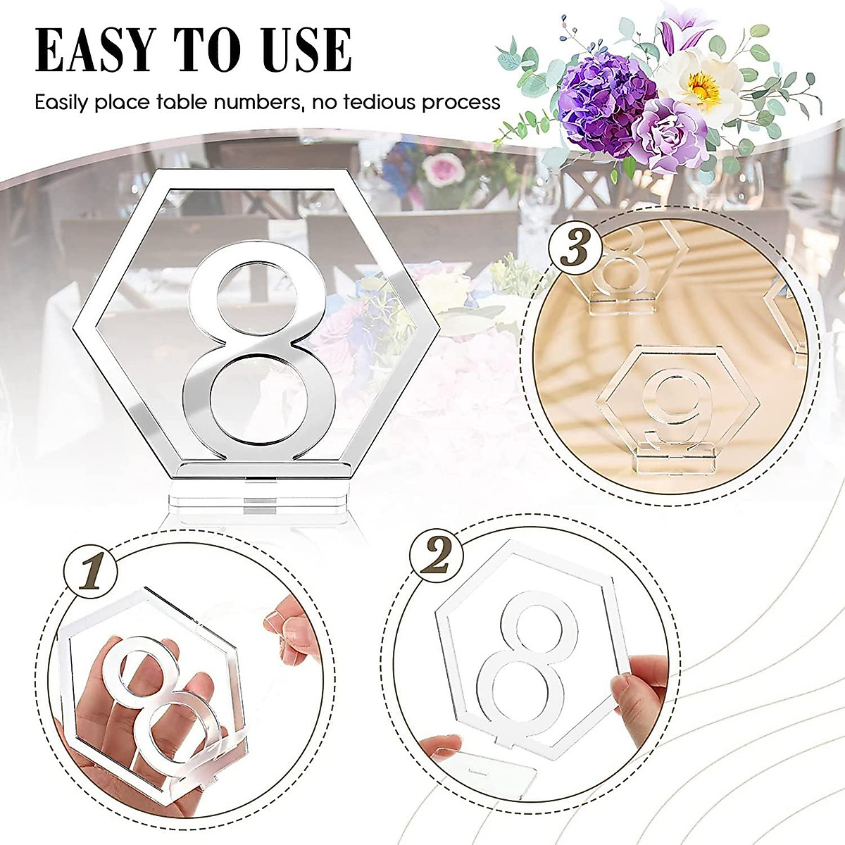 Velidy Table Numbers, Wedding Acrylic Standing Table Numbers with Holder Base for Wedding, Party, Events or Catering Decoration (Silver-20)