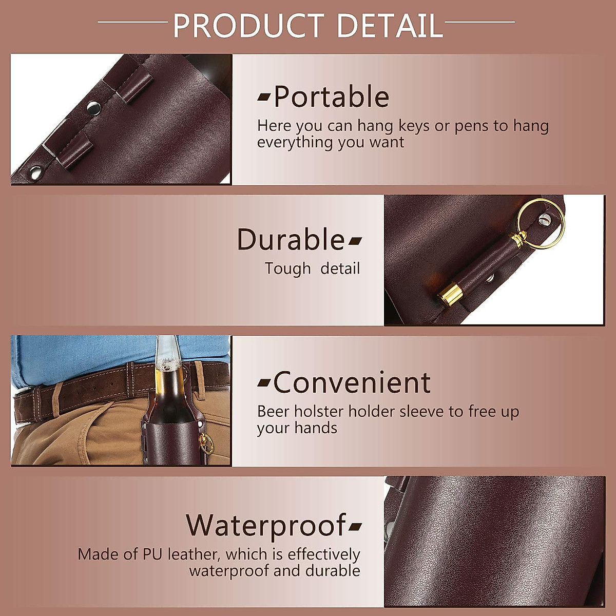 Classic Leather Beer Holster for Men, Cowboy Beer Holster, Pu Leather Beer Holster, Portable Bottle Beer Holster Waist Belt with Whistle Bottle Opener Key Chain, Brown