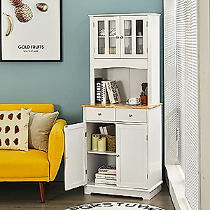 LOKO Kitchen Pantry Storage Cabinet, Kitchen Cabinet with Framed Tempered Glass Doors, Flat Countertop and 2 Drawers, Kitchen Hutch Storage Cabinet with Adjustable Shelves, 27 x 16 x 67 inches (White)