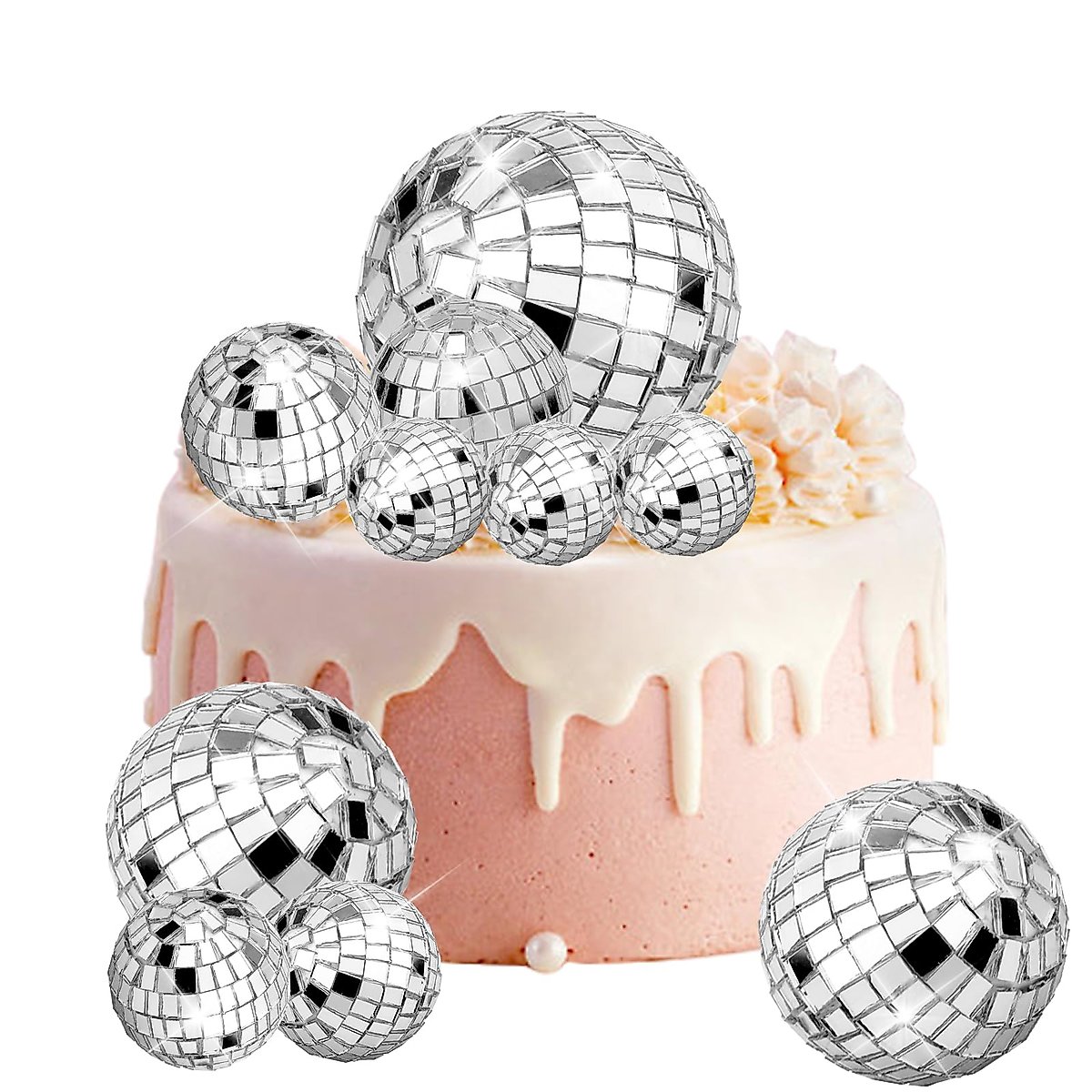 10pcs Disco Ball Cake Toppers, 5 sizes Mini Disco Balls sliver Disco Theme Accessories for Birthday Cake Party 70s Theme Party Favor Cake Disco Ball Party Decorations