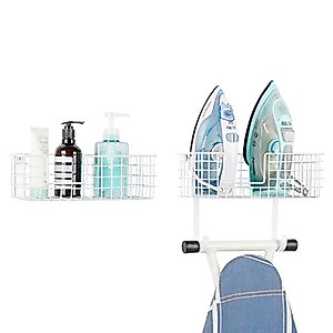 YBING Ironing Board Holder White Set of 2, Metal Iron Holder Wall Mount with Removable Hooks, Laundry Room Organizer with Ironing Board for Bathroom, Bedroom,Office
