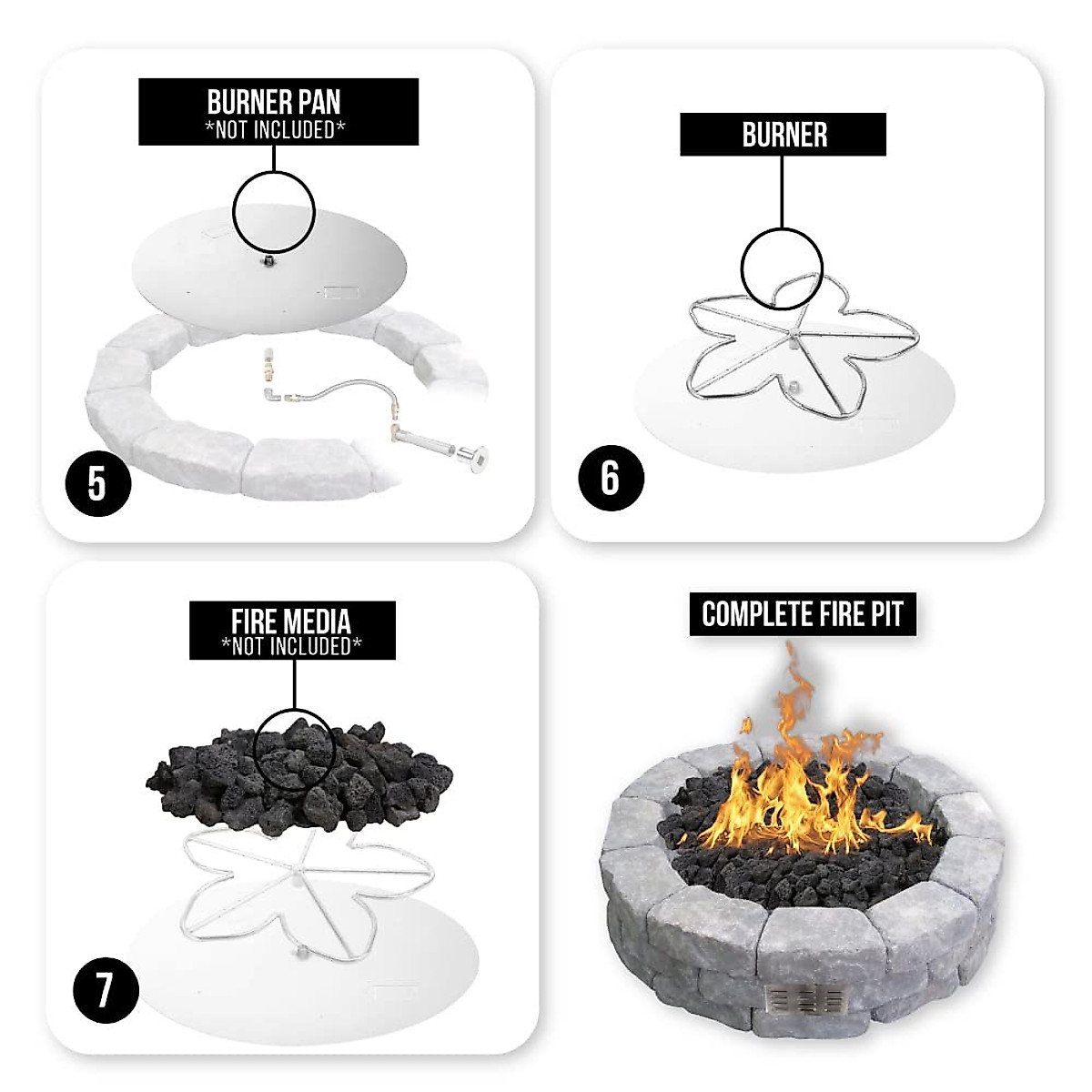 Spotix HPC Penta Match Lit Fire Pit Burner Kit with 36-Inch Stainless Steel Burner and 42-Inch Round Flat Pan, Natural Gas, Polished Chrome, with Flange, Key, Valve, Flex Line and Fittings