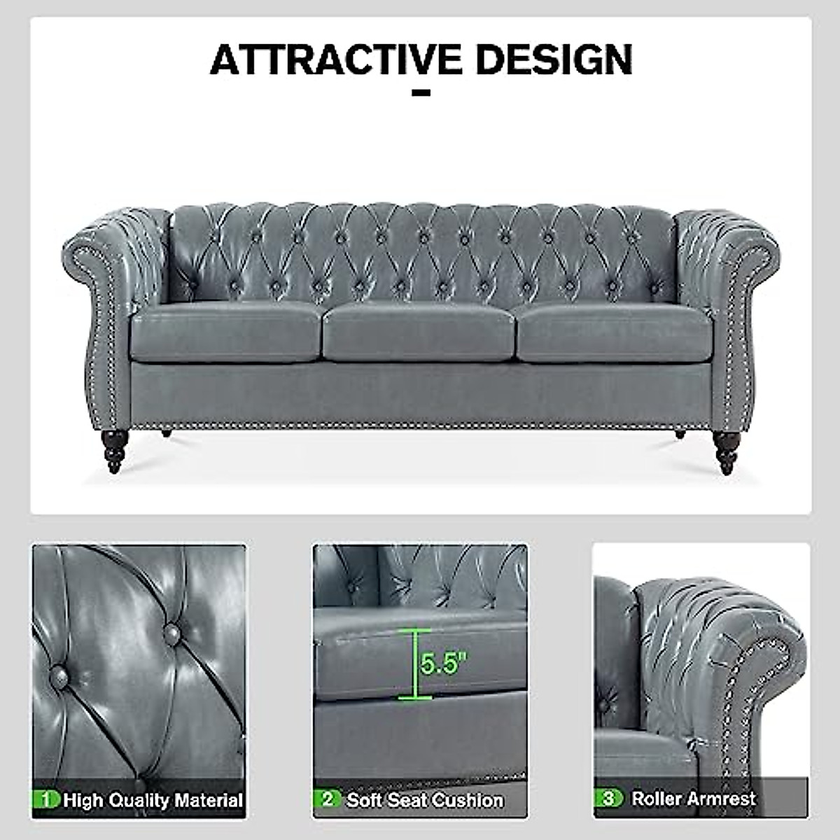 Gray 3 Seat Sofa, Retro Chesterfield Sofa Couch with Rolled Arms, 84.65" PU Leather Three Seater Sofa Couch for Living Room Bedroom Office