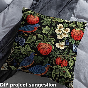 Erosebridal Strawberry Fabric by The Yard, Flowers Birds Waterproof Upholstery Fabric, Animals Botanical DIY Indoor Outdoor Fabric, Lichee Fruits Decorative Fabric, Red Green Blue, 1 Yard