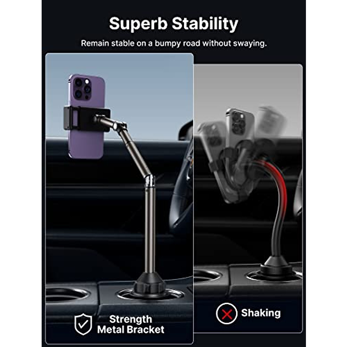 JSAUX Cup Phone Holder for Car Truck with Long Arm, Multi-Adjustable Ultra Stable Cup Holder Phone Mount Cellphone Cradle Compatible with iPhone, Samsung Galaxy, Google Pixel and Other Smart Phones