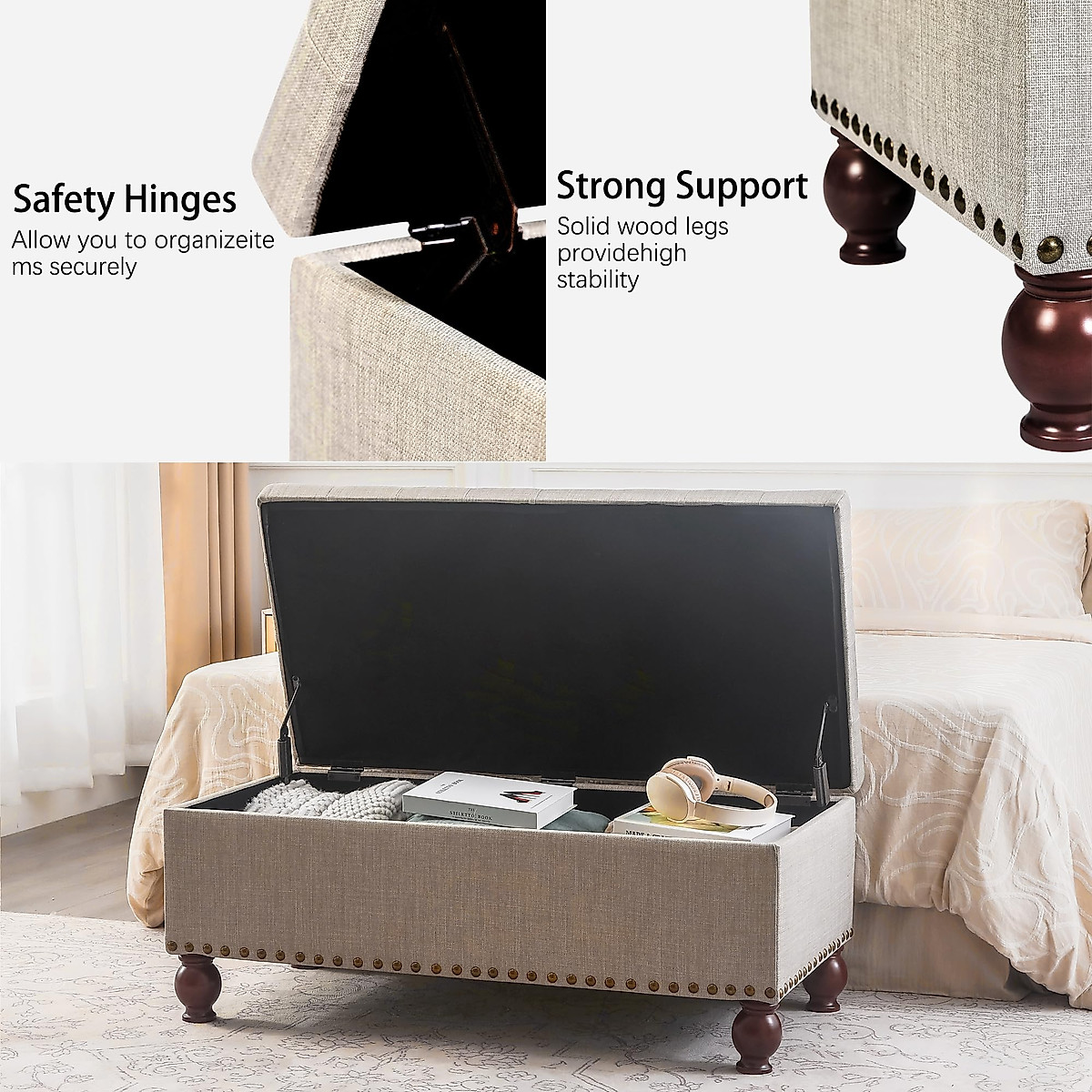 Asense Storage Ottoman Bench, 40'' Linen Fabric Rectangle Upholstered Bench with Hinged Lid for End Foot of Bed, Living Room, Bedroom, Noble Light Gray