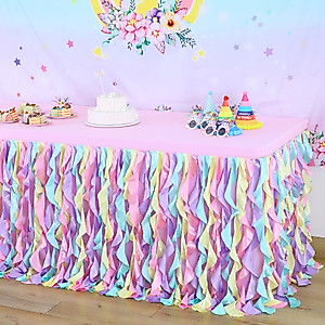 gogoparti Pastel Rainbow Tablecloth for 6 ft Rectangle Table Pastel Rainbow Ruffle Tulle Table Skirt for Unicorn Theme Birthday Party Decoration