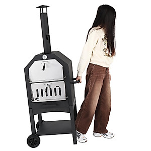 Outdoor Wood Fired Pizza Oven, Pizza Maker With Stone, Peel, Rack, Temperature Control, Built-in Thermometer, Portable on Wheels for Camping, Picnic Black