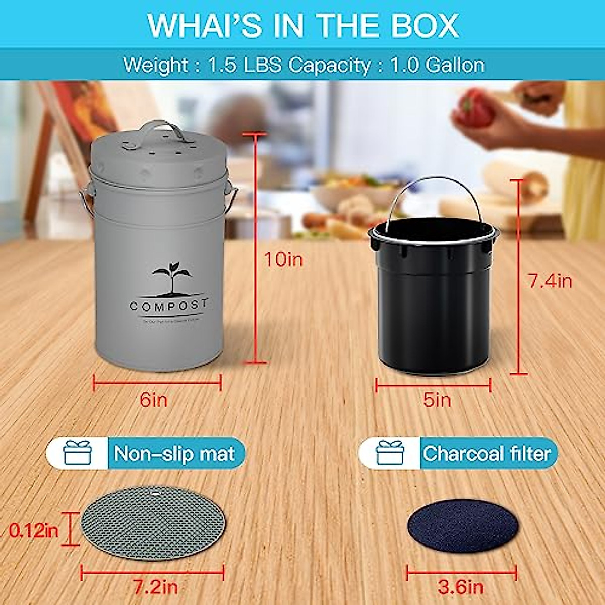 NOVTEKE Compost Bucket for Kitchen Countertop - 1.0 Gallon Kitchen Coffee Grounds Compost Bin Countertop with Liner Bucket and Charcoal Filter Lid, Compost Pail Container