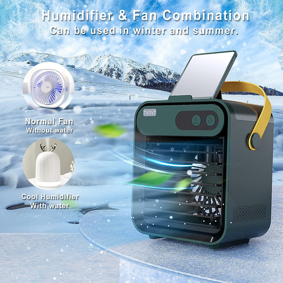TVOVT Multifunction Portable Air Conditioner: 3-IN-1 Desige USB Powered Desktop Cooler Fan with 2 Spray Modes and 3 Wind Speeds for Home and Office, with Silicone-ice-Tray and Foldable-Funnel
