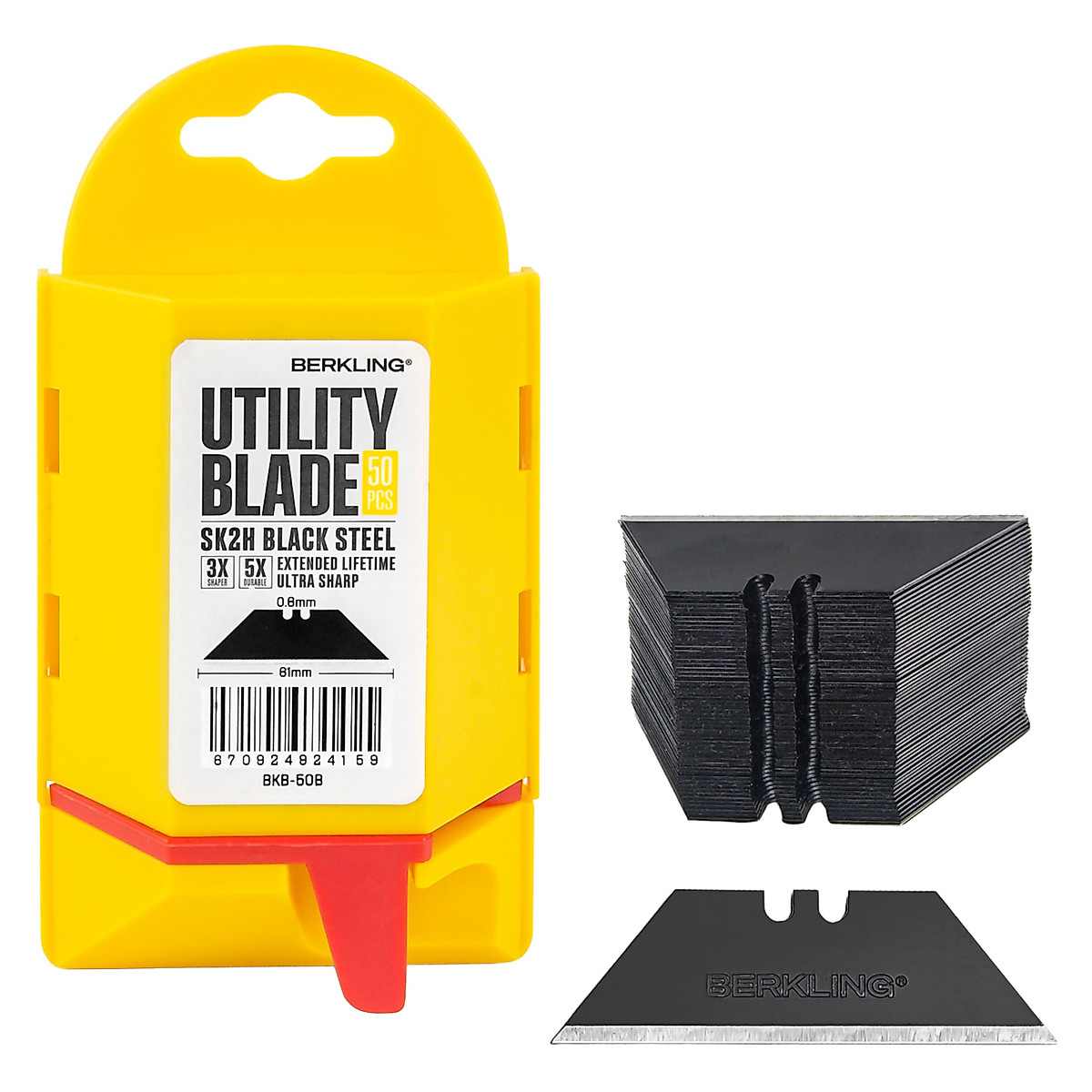 Berkling Utility Knife Blades 50 PCS With Dispenser, SK2H Laser Sharpened Hardened Black Carbon Steel, Ultra 3X Sharper, and 5X More Durable, Standard T-Shape Replacement Box Cutter Razor Blades