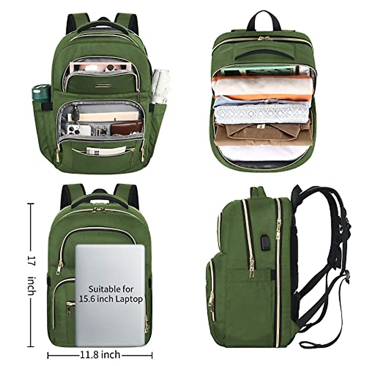 LTINVECK Travel Laptop Backpack for Women Men, Business Anti Theft TSA Friendly Laptops Backpack with USB Charging Port,Durable Water Resistant Computer Bag Fits 15.6 Inch Laptops,Green