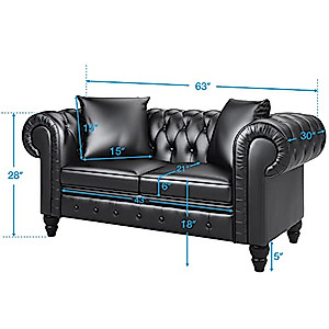 Pannow 63 Inch Upholstered Loveseat Sofa, Classic Chesterfield Couch with 2 Pillows and Roll Arms, Button Tufted PU Leather Sofa for Living Room Bedroom Guest Room, Black