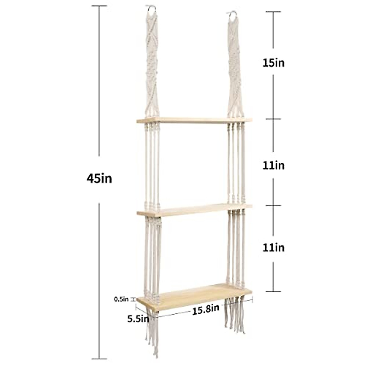 Afuly Hanging Shelf 3 Tier Wall Macrame Boho Shelves for Bathroom Living Room Wall Decor, Plant Book Storage Organizer Shelving Toilet Corner Organization Holder Solid Pine Wood Display