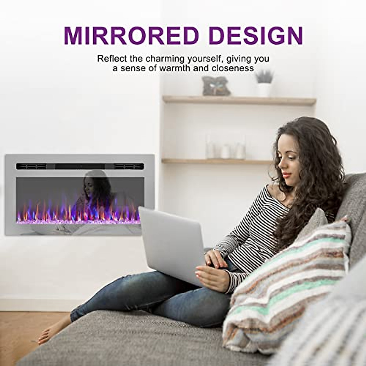 Ooiior 31 Inch Electric Fireplace with Remote Control, Recessed and Wall Mounted Ultra-Thin Fireplace Heater and Linear Fireplace, with Timer, Adjustable Flame Color, 750/1500W