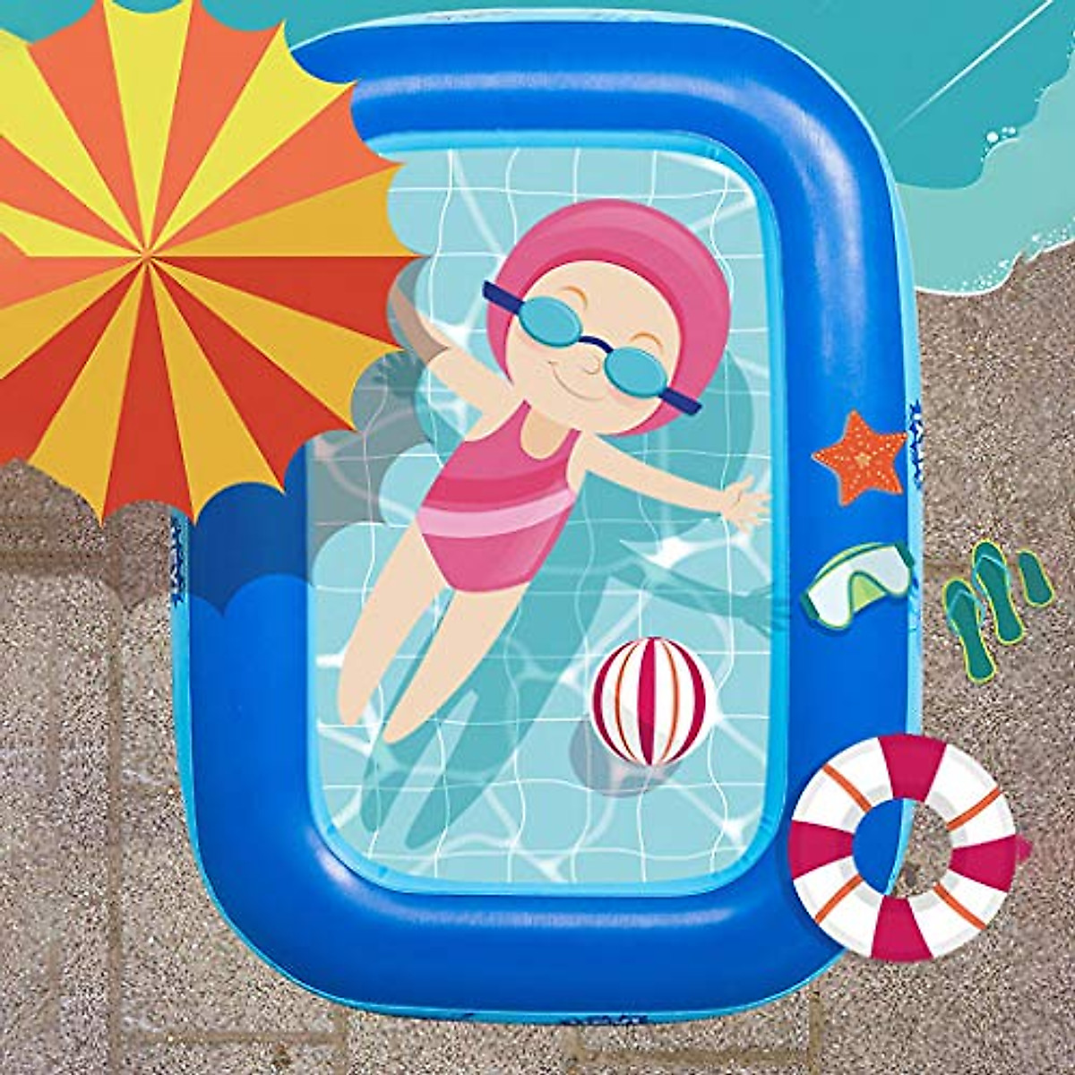 iHPH7 Family Inflatable Swimming Pool for Toddlers,Kids,Adults,Kiddie,Ocean Scene Rectangular Above Ground Garden Backyard Outdoor Summer Water Party Multiple Size Options S