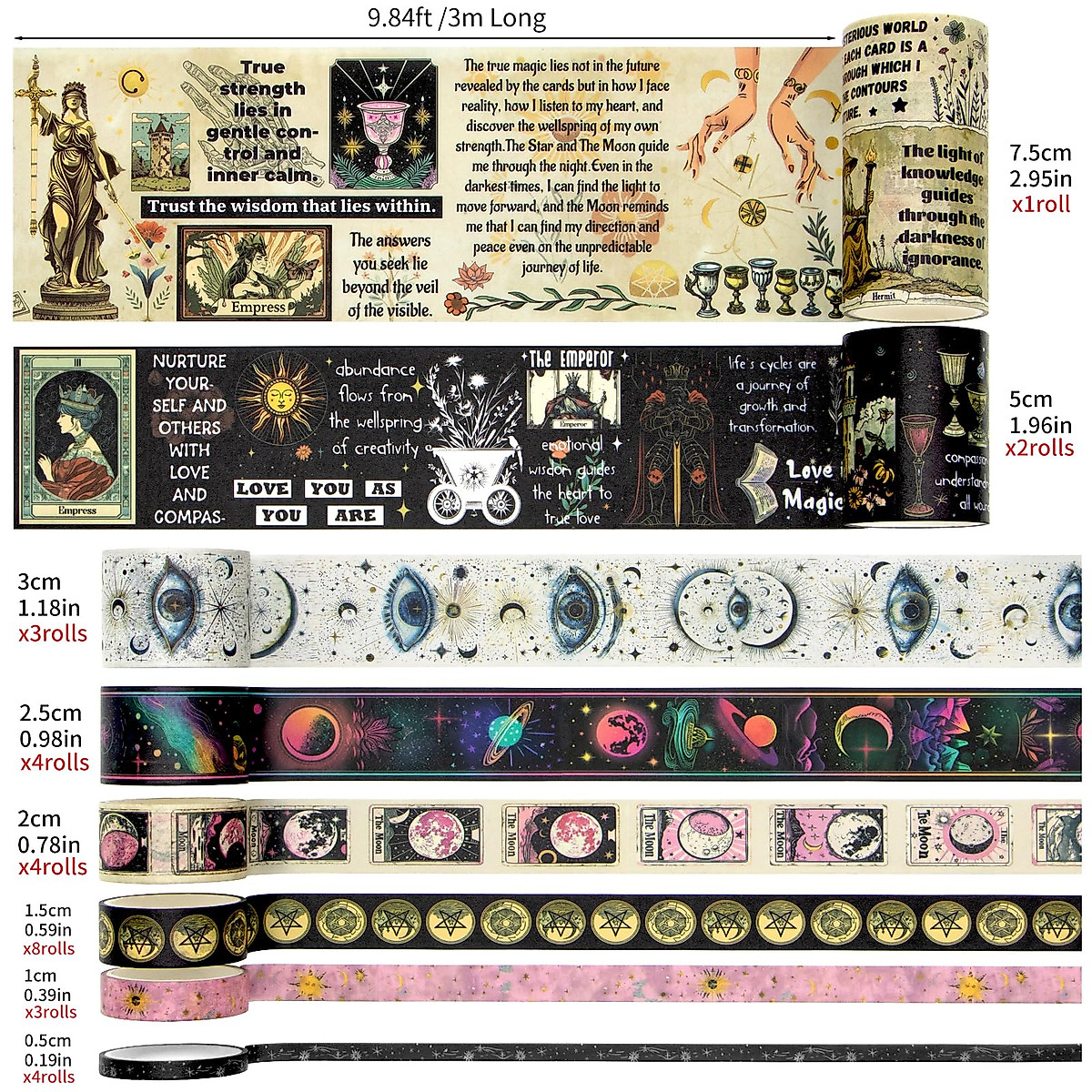29 Rolls Washi Tape Set - Tarot Theme Decorative Masking Tape Colored Patterns, Vintage Adhesive Artists Tapes for Journaling Supplies, Diy Crafts, Scrapbooking, Junk Journal Supplies, School Supplies
