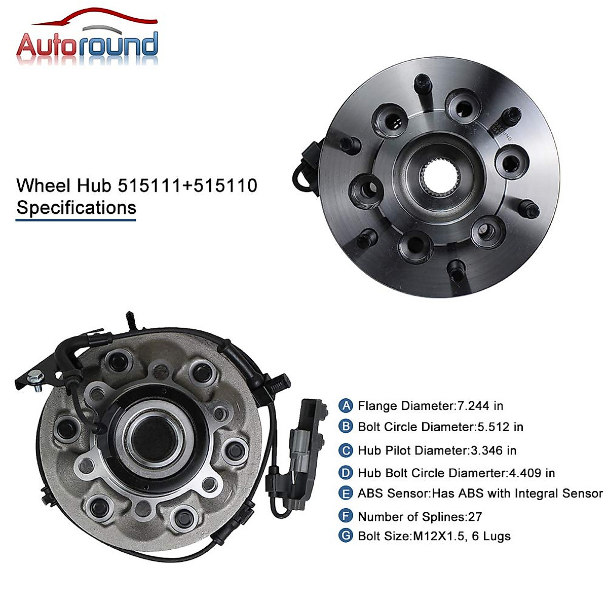 Autoround 4WD Both Front Driver Passenger Side Wheel Bearing and Hub Assembly Compatible with Chevy Colorado, GMC Canyon, Isuzu i-350, i-370 4x4 2004 2005 2006 2007 2008 6 Lug w/ABS 515111 515110