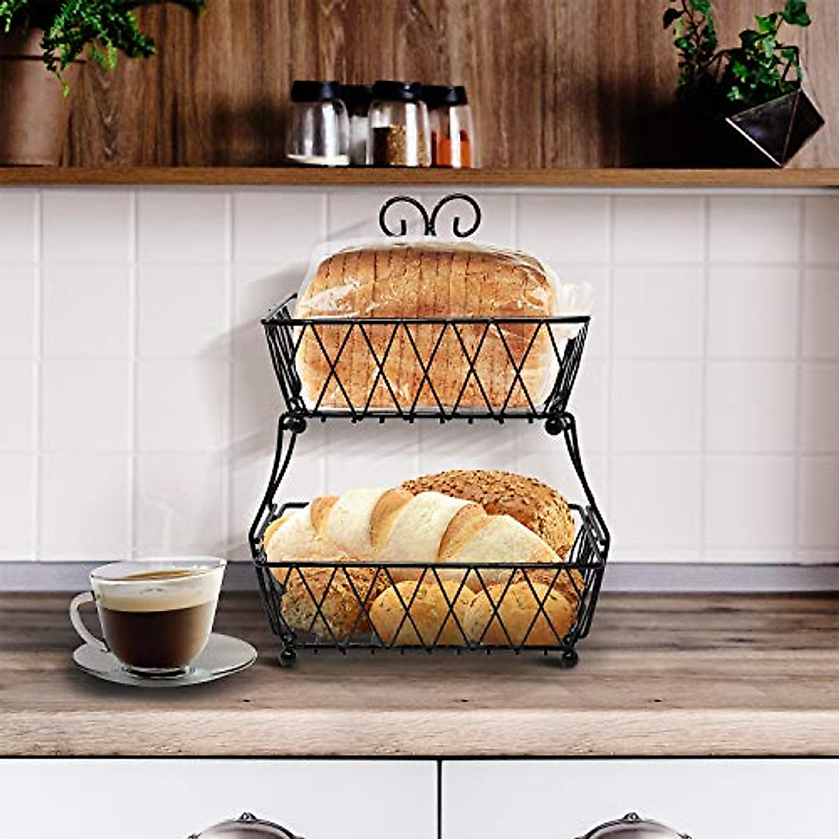 Sorbus Fruit Basket Display Stand, 2-Tier, for Vegetable, Fruit & Bread Counter Storage for Kitchen, Bathroom, Rectangular Antique Metal (Black)