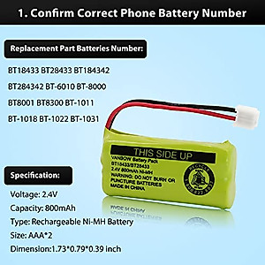 BT18433/BT28433 2.4V 800mAh Ni-MH Cordless Phone Battery, Also Compatible with AT&T BT184342/BT284342 BT8300 BT1011 BT1018 BT1022 BT1031 2SN-AAA55H-S-J1 CS6120 CS6209 CL80109 EL52419 (Pack 2)