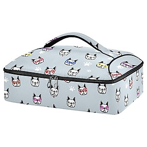Kcldeci Insulated Thermal Food Carrier Insulated Casserole Carrier for Hot or Cold Food,Bulldog with Sunglasses Heart Insulated Tote Bag for Potluck Cookouts Parties Picnic,Lasagna Lugger