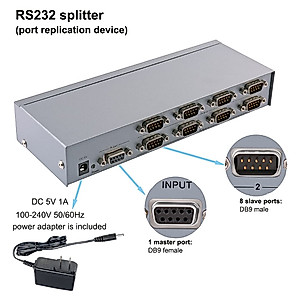DTech Serial Splitter 8 Port Industrial RS232 Expander COM Port Switch Box with Power Adapter for Sharing PCs and Capture Data - 1x8