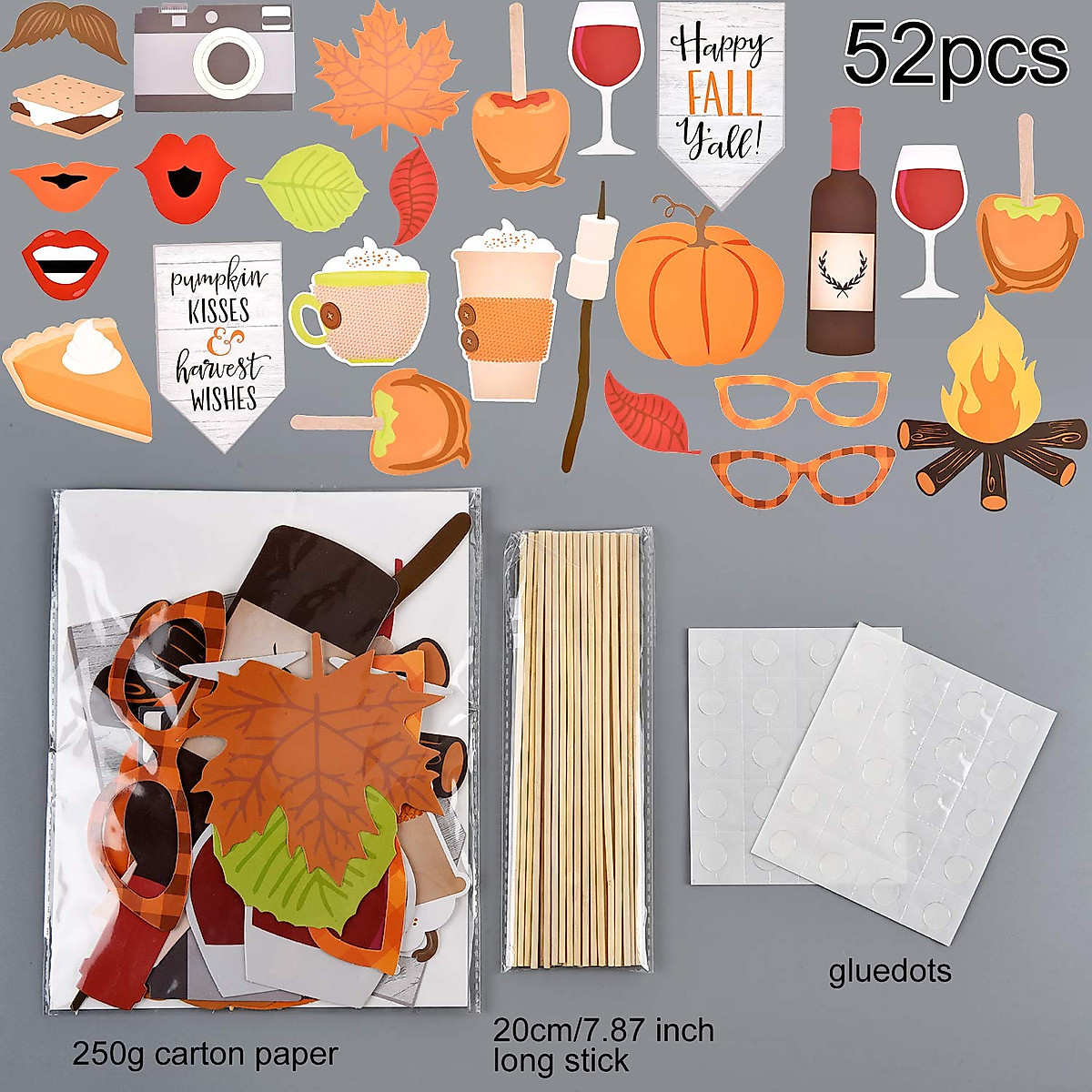 52 Pieces Happy Fall Yall Photo Booth Props Kit Thanksgiving Day Harvest Festival Pumpkin Party DIY Costumes Props with Wooden Sticks for Party Decorations