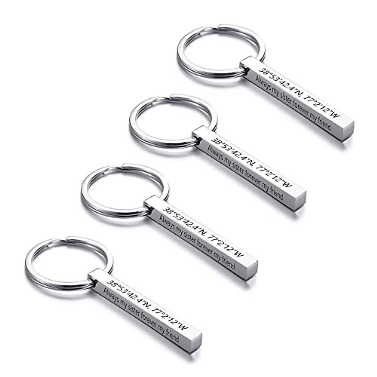 VNOX Customize Stainless Steel 3D Dainty 4 Sided Vertical Cuboid Bar Keychain for Men Women,Set for 4