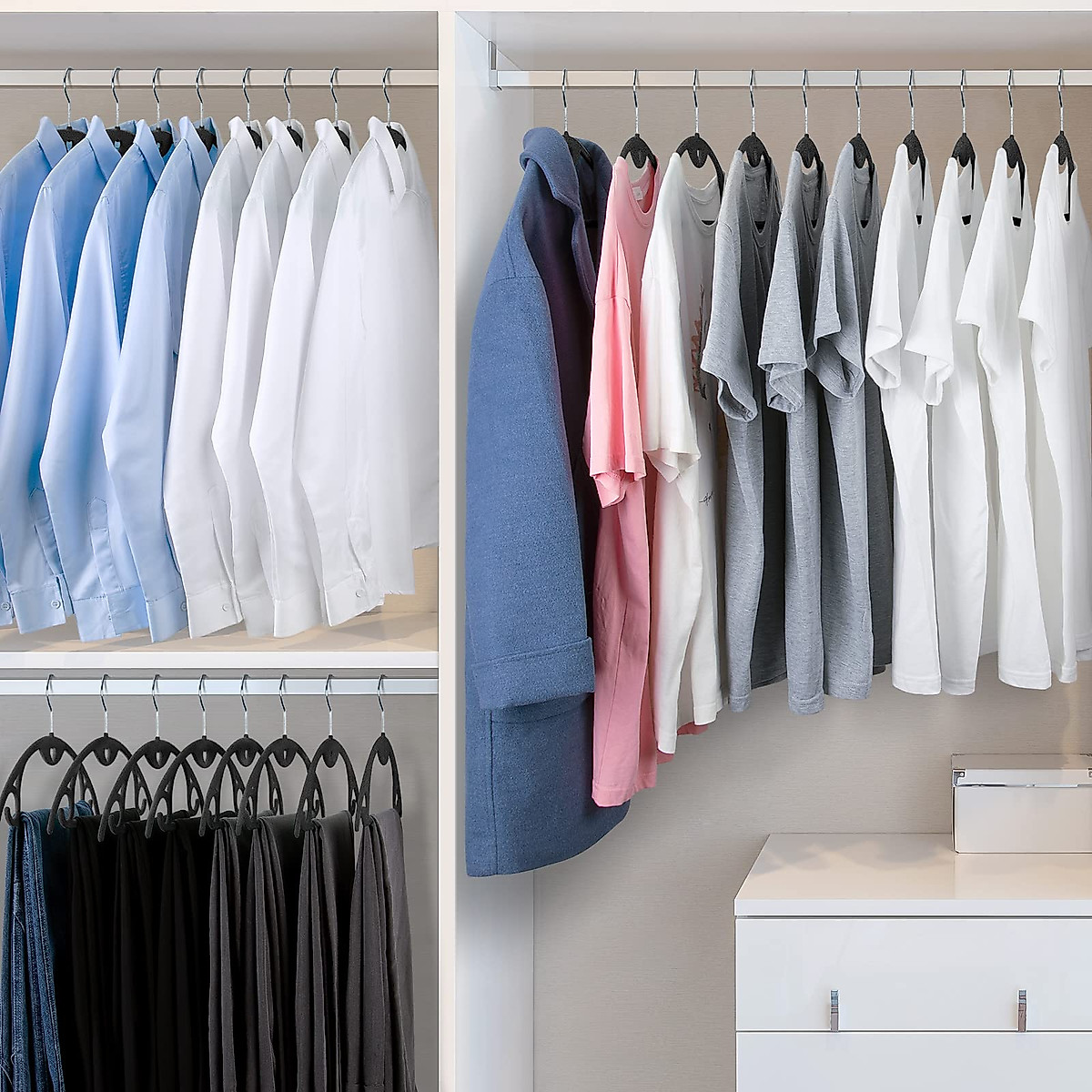 IEOKE Velvet Hangers, 50-Pack No Shoulder Bumps Suit Hangers Ultra Thin Space Saving 360 Degree Swivel Heavy Duty Hook Durable Hangers for Sweaters Coat Jackets Shirts Dresses (50 Pack, Black/Silver)