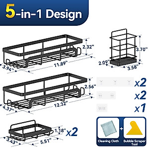 YASONIC Adhesive Shower Caddy, 5 Pack Shower Organizer with Soap Holder - No Drilling, Rustproof Shower Shelves, Shower Organizers and Storage for Inside Shower, Black