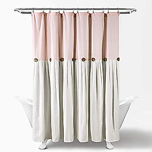 Lush Decor Linen Button Farmhouse Shower Curtain Pleated Two Tone Design for Bathroom, 72" x 72", Blush & White