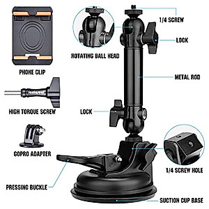 Heavy Duty Super Φ100mm Suction Cup + Adjustable Dual-Ball-Head Action Camera Dash Cam Phone Car Mount Windscreen Window Cockpit Holder for GoPro insta360 iPhone Hi-Speed Video Recording (1.5kg Load)