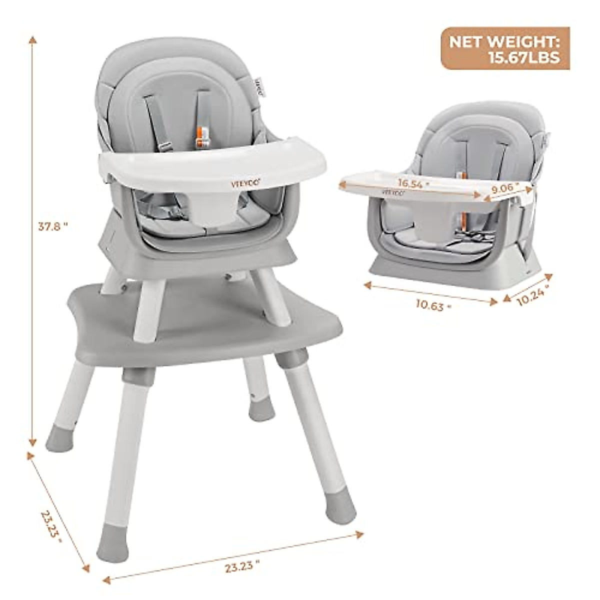 VEEYOO Baby High Chair 6 in 1, Convertible high Chair/Dinning Booster Seat/Toddlers Table & Chair Set with Easy Clearance, Removable Tray, Adjustable Legs, Safety Harness for Girl/boy