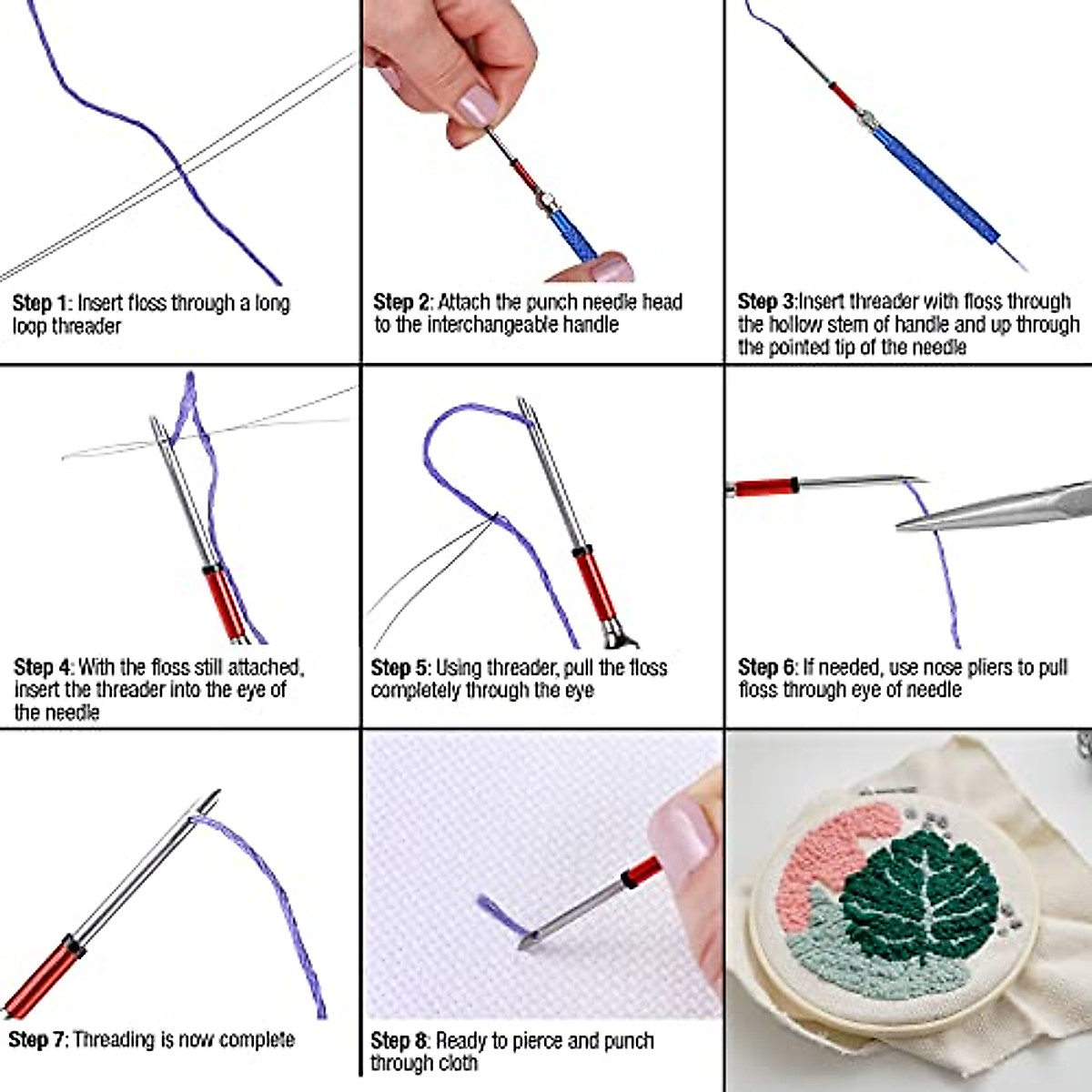 SINGER 8 Piece Punch Needle Embroidery Kit with 7 Assorted Size Punch Needle Heads, Interchangeable Handle, and Punch Needle Storage Case