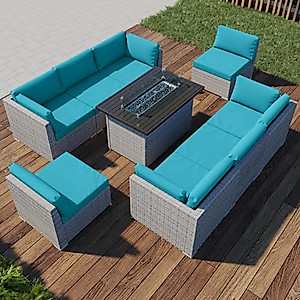 EAGLE PEAK 9 Piece Outdoor Wicker Patio Furniture Set with Fire Table, PE Rattan Sectional Conversation Sofa Set with Seating for 8 People, Light Blue