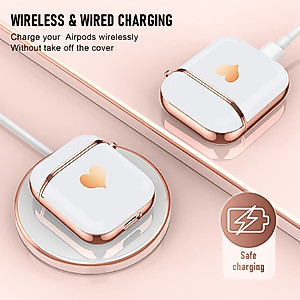 Maxjoy Compatible with Airpods Case,for Airpods 2nd Generation Case Cute Electroplating with Gold Heart Pattern with Lanyard Shockproof Cover for Girls Woman Airpods 2 &1-White