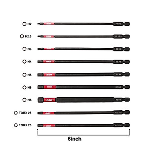 Protorq Long Impact Bit Set, Hex H2-H8,TORX T25, 6-Inch Length, 9-Piece,Industrial Strength, 1/4" Hex Shank, widely used in motorcycle, bike maintance.