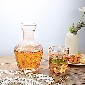 RockTrend Retro Relief Glass Bedside Night Water Carafe with Tumbler Glass, Pitcher And Cup Night Set-Pink