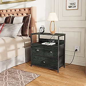 Furnulem Nightstand Set of 2, End Table with Charging Station, Industrial Bedside Tables with USB Ports & Power Outlets, 3 Fabric Drawer Dresser with Shelf for Bedroom, Living Room, Black Oak