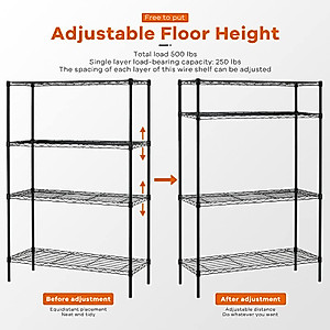 4-Tier Shelf Adjustable, Heavy Duty Storage Shelving Unit (250 Lbs Loading Capacity Per Shelf) Metal Shelves Steel Organizer Wire Rack Shelf for Pantry Garage Kitchen